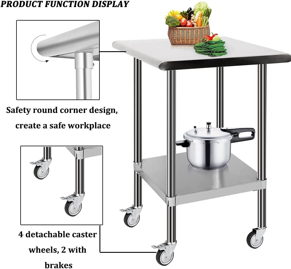 MYOYAY Commercial Stainless Steel Table with Caster Wheels 24"x24" Kitchen Worktables with Backsplashs Prep Food Workbench Under Shelf 110~220lbs Capacity for Restaurant