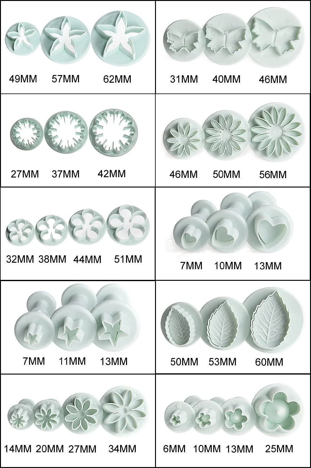 INSPEE Fondant Tools 33 Pieces Plunger Sugarcraft Cake Cookie Cutters Sunflower Leaf Butterfly Heart Gerbera Shapes Decorating Mold DIY Tools