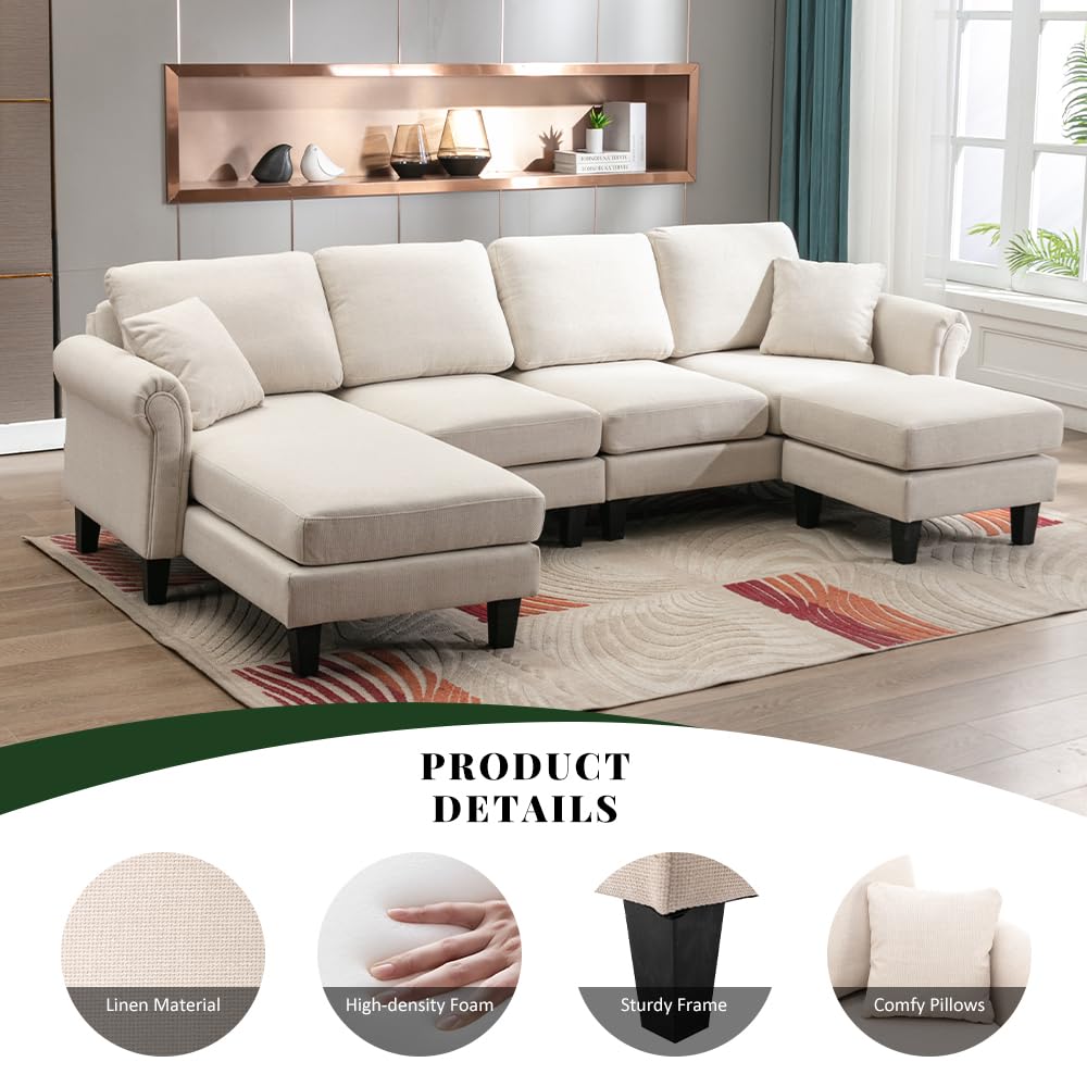 STLVUEO Modern Sectional Sofa, Living Room Combo Sofas Couch, L-Shaped Couches Chaise Lounge Sofa with Ottoman Set, Plastic Feet, for Living Room, Office, Studio, Condo, Beige