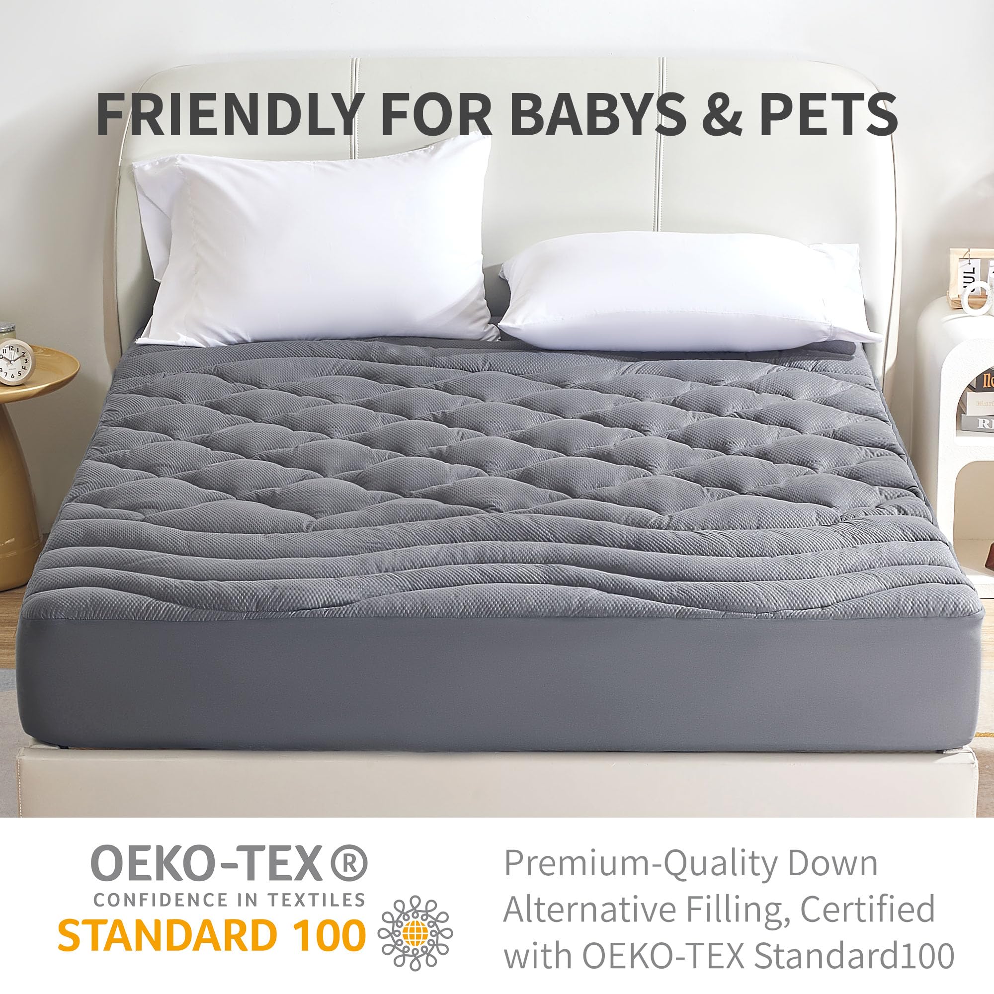 SONIVE Waterproof Mattress Pad - Quilted Fitted Mattress Topper, Soft and Breathable Mattress Protector, Fluffy Pillow Top Mattress Cover(Grey, Queen)