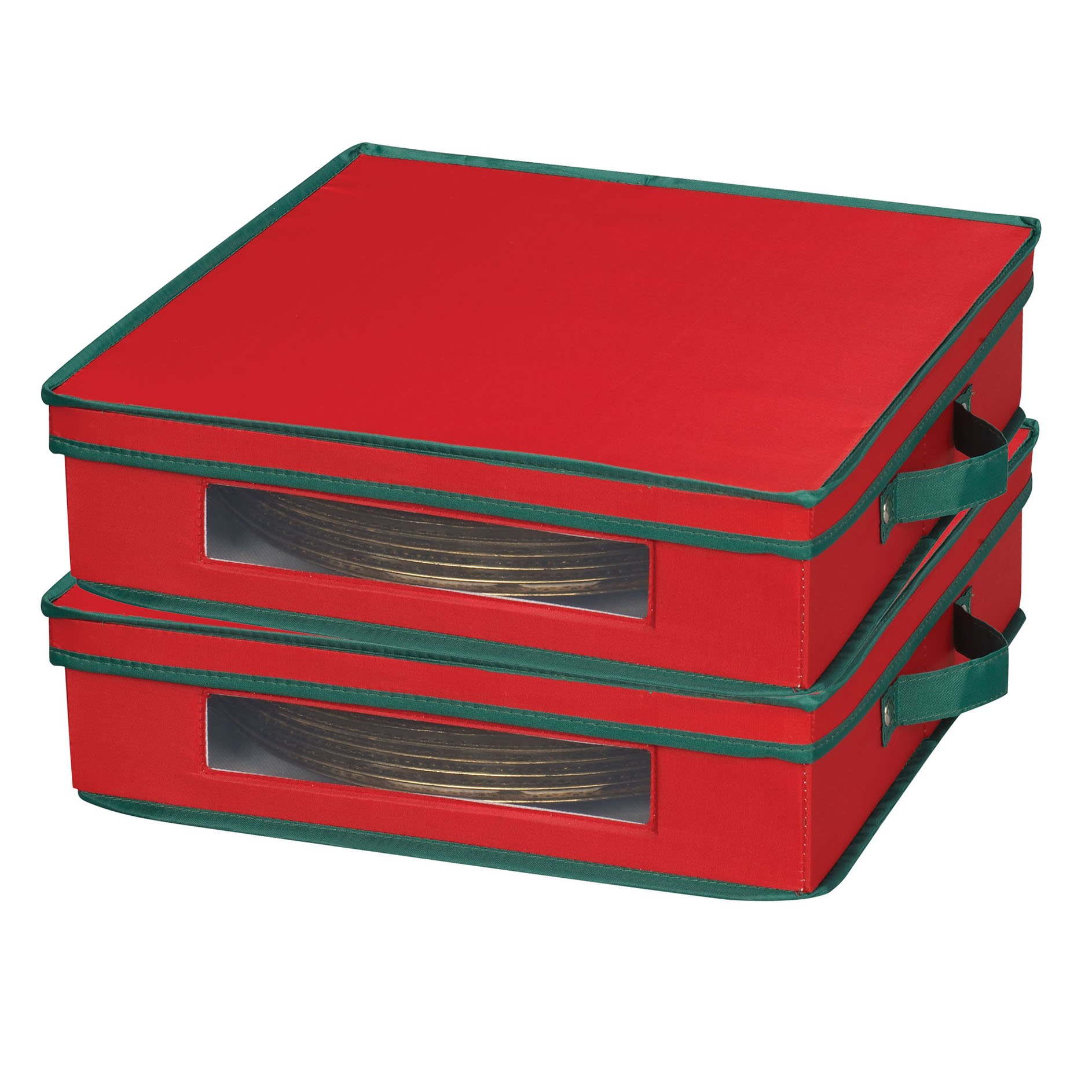 Household Essentials Holiday China Storage Chest with Lid and Handles | Charger Plates and Platters | Red Canvas with Green Trim