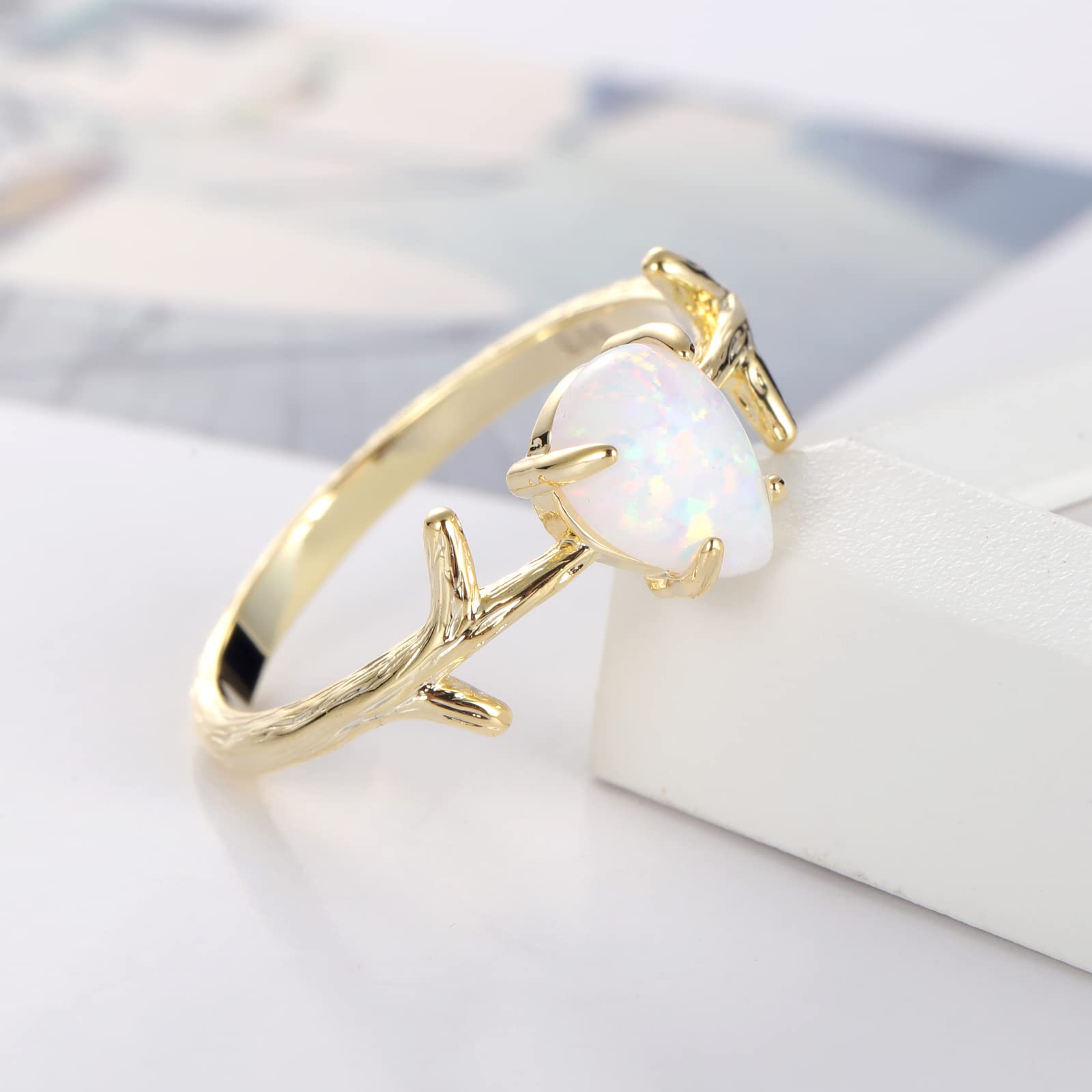FEELDAN Yellow Gold Plated Fire Opal Prong Setting Birthstone Rings