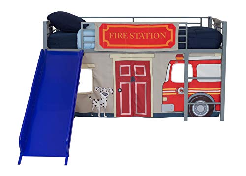 DHP Junior Silver Metal Loft Bed with Blue Slide and Fire Department Curtain Set, Kids Furniture, Twin Size
