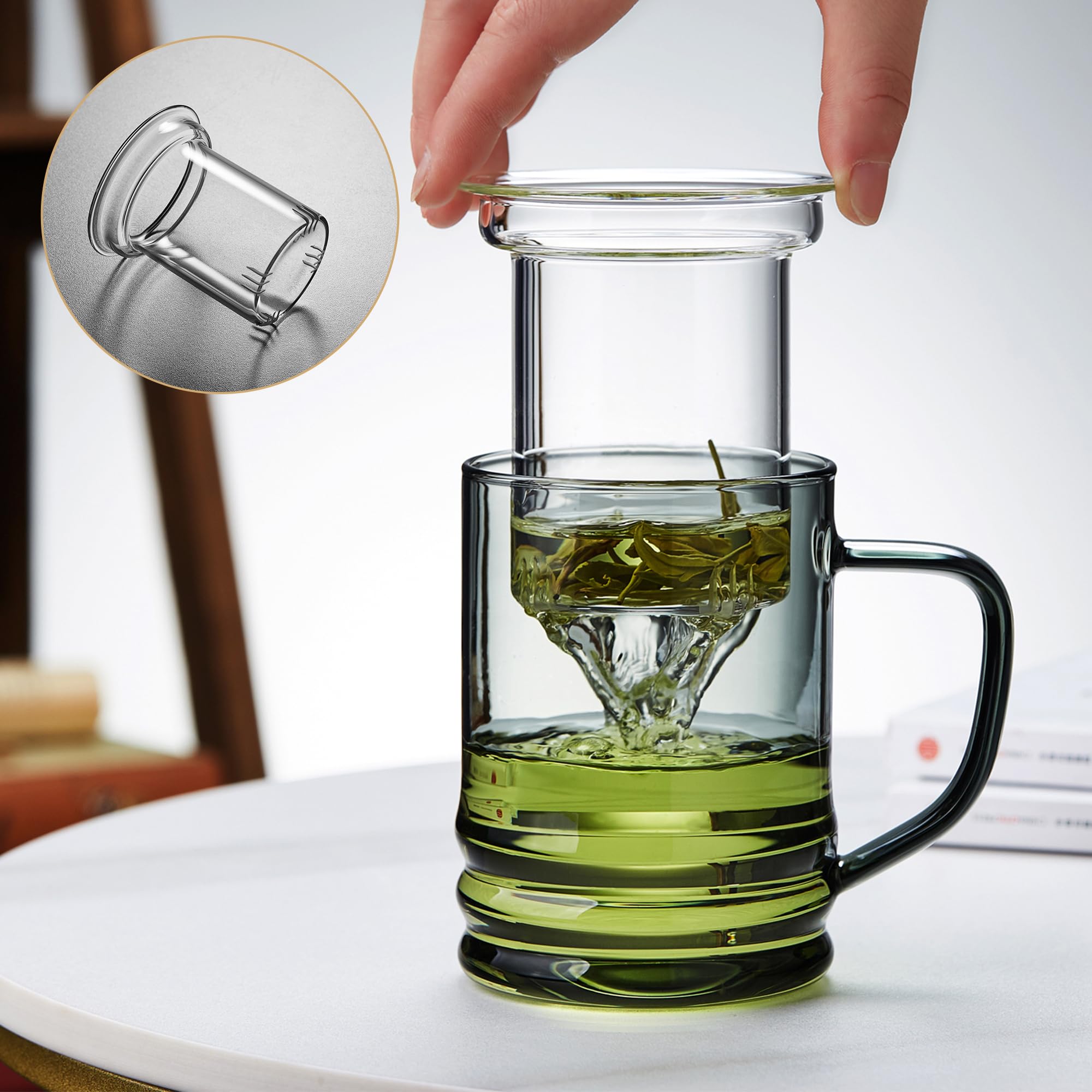 Unbreakable Glass Tea Cup with Infuser and Lid - 15oz Tea Mug for Loose Leaf Tea, Infusion Mug with Glass Filter and Wooden Lid