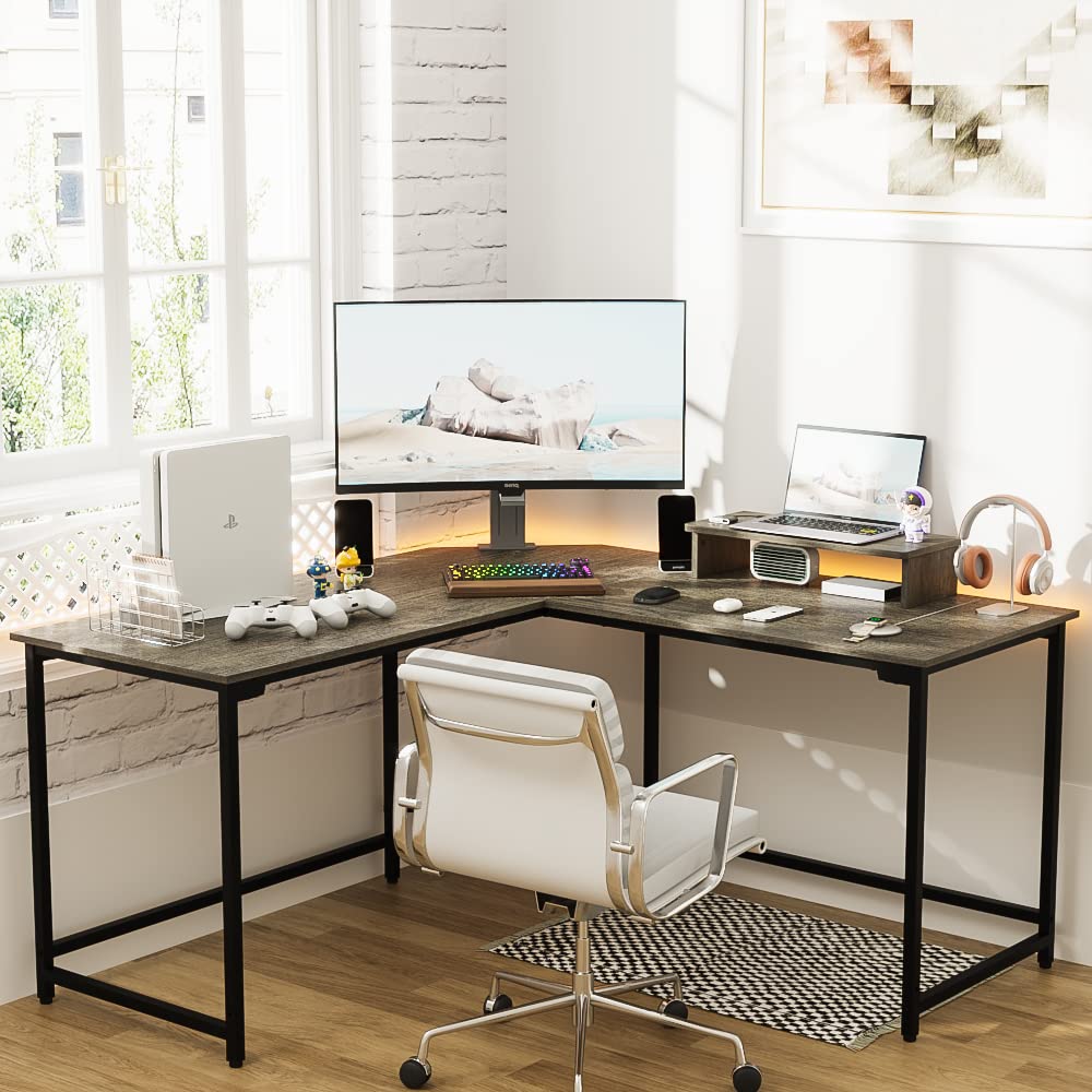 Elephance 59" Large L Shaped Desk Corner Computer Desk with Monitor Stand Gaming Table Workstation for Home Office