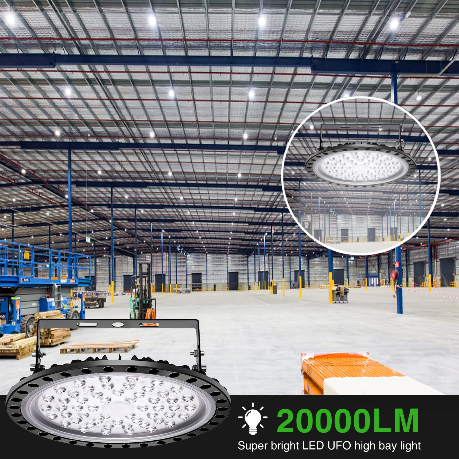 Viugreum 10 Pack 200W UFO LED High Bay Lights, 20000LM 6500K Daylight White Ultra Thin Highbay Light Fixtures, 110V IP65 Waterproof Bay Lighting for Garage Factory Warehouse Gym