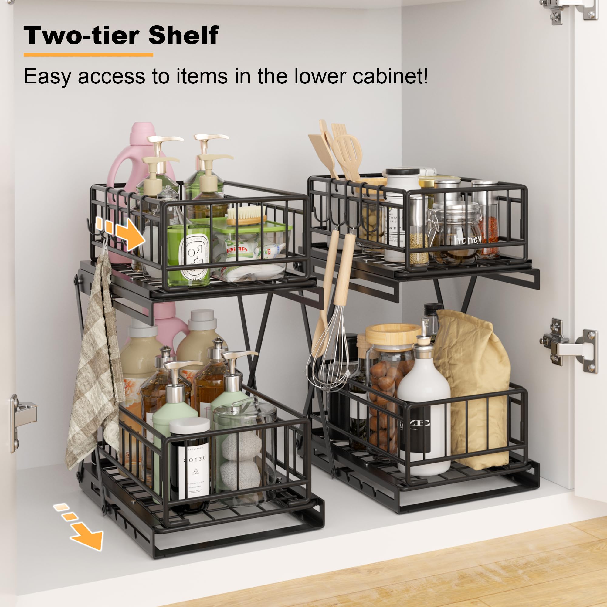 Under Bathroom Sink Organizer, 2-Tier Under The Sink Organizer and Storage Adjustable Pull Out Organization Basket, Sliding Drawer Shelf with Hooks for Kitchen Bathroom Cabinet, 2 Pack