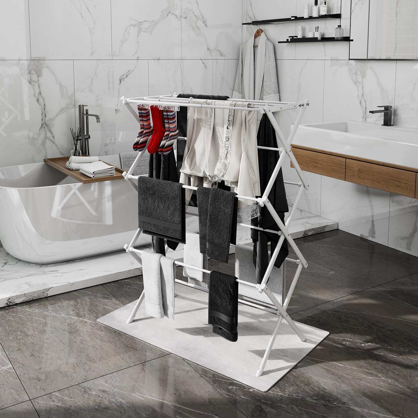 Rbitroise Clothes Drying Rack, Drying Rack Clothing,3-Tier Laundry Drying Rack for Clothes, Expandable Metal Clothing Dryer Rack, Folding Clothes Rack,Collapsible Towel Rack, Air Drying Rack-White