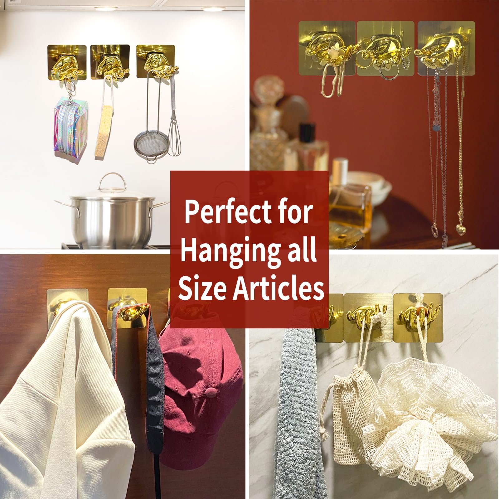 Pluspexy Gold Wall Decorative Hooks 3Pack Hand Shaped Adhesive Hooks for Hanging Things Bathroom Shower Towel Hooks Behind The Door Coat Hooks Renter Friendly Wall Hooks