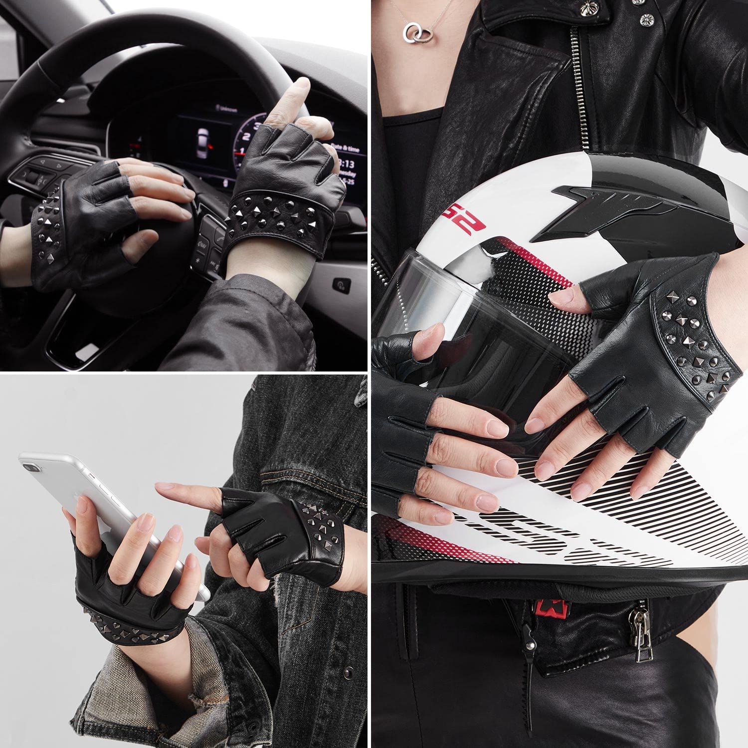 FIORETTO Womens Fingerless Leather Gloves for Driving Unlined Half Finger Punk Gloves for Motorcycle, Goth Cosplay Costume Black Large