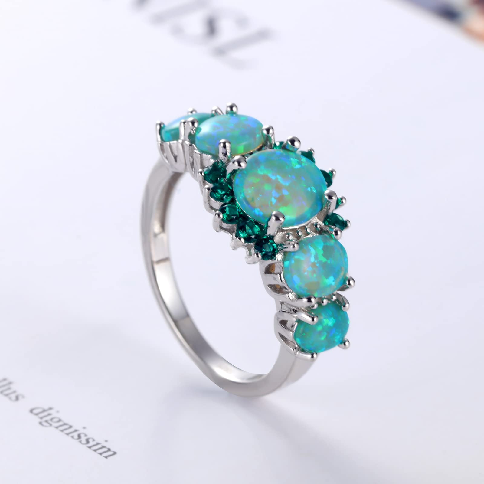 FEELDAN White Gold Plated Sterling Silver Cubic Zirconia & Fire Opal Prong Setting Birthstone Rings