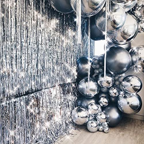 PartyWoo Foil Fringe Curtains Silver 2 pcs and 6 pcs Disco Silver Foil Balloons