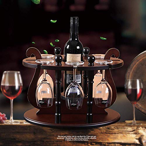 PIBM Stylish Simplicity Wine Racks Free Standing Wine Glass Holder,Round Ding,Solid Wood Creative Wine Display with 6 Glass Rack Amp; 1 Bottle Holder for Bar Wine Cellar Wine Cooler Etc(40X26X32Cm)