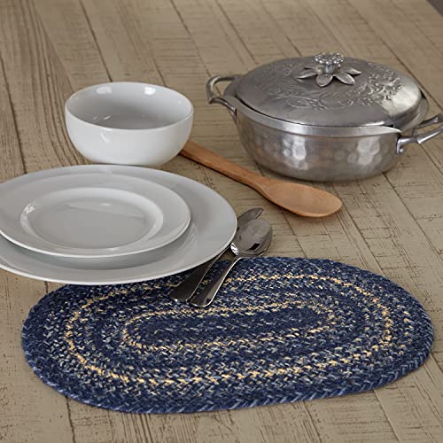VHC Brands Farmhouse Great Falls Blue Table Placemat, Blue White, Jute Blend, Oval, 10x15 Inches