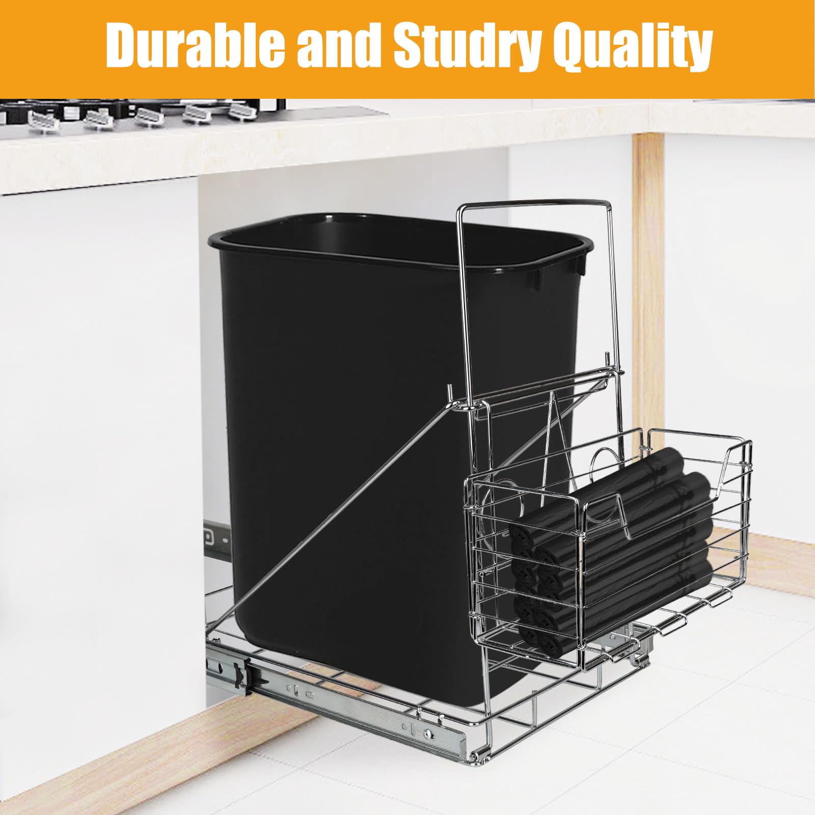 Under Cabinet Pull Out Trash Can Kit – Adjustable Shelf Removable Front Basket for Garbage Bag Storage, Under Sink Trash Can Pull Out for Kitchen Fits 7-12 Gallon Bins (Trash Can Not Included)
