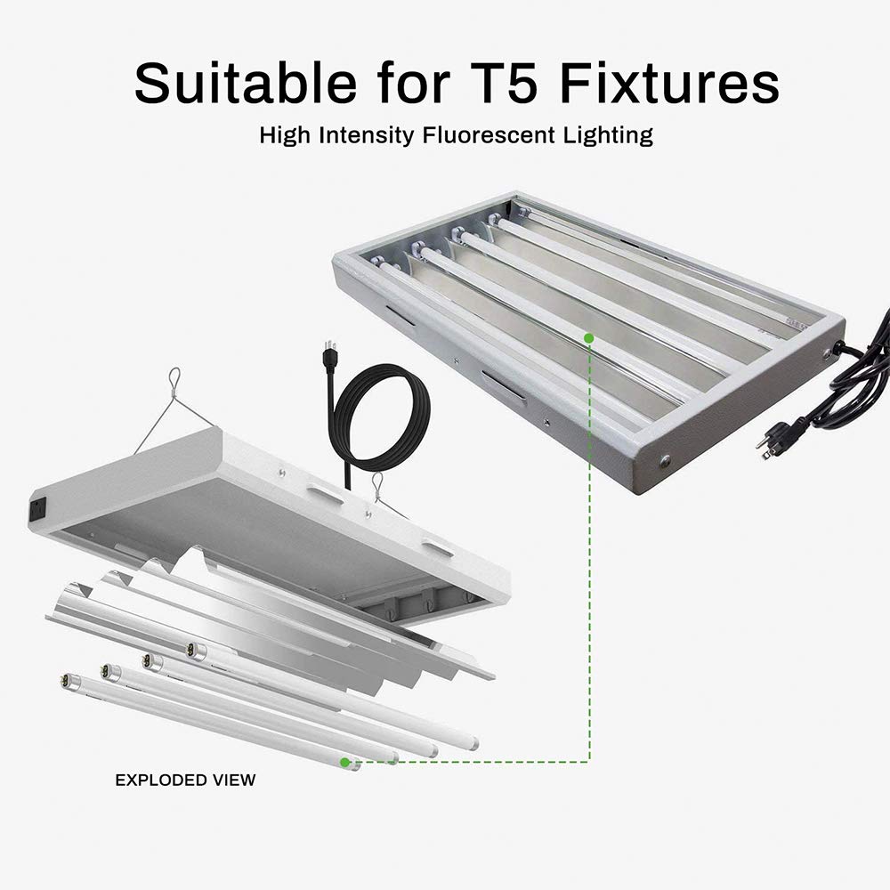 F54T5/865/HO Fluorescent Tube Light Bulb, 46 Inch, 54W, 6500K Daylight, 4200 Lumens, High Output, G5 Bi-Pin Base, 4FT T5 Grow Light Bulbs - 5 Pack