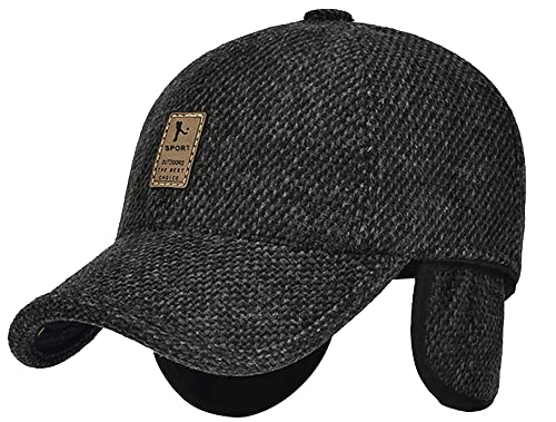 FGSS Mens Winter-Woolen Baseball-Cap with Earflaps - Adjustable Warm Dad Cap for Cold Weather (56-60CM) Grey
