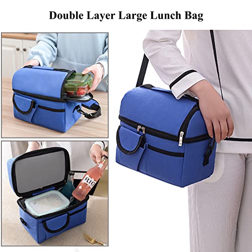 Vaupan Large Insulated Lunch Bag for Women and Men, Dual Compartment Reusable Lunch Box for Office Work Picnic, Leakproof Cooler Lunch Tote Bag with Adjustable Shoulder Strap for Adult (Blue)
