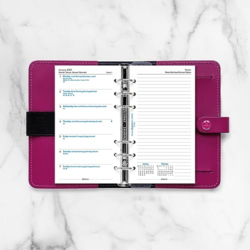 Filofax Calendar Diary Refill, Personal/Compact Size, Week on One Page with Notes, White Paper, Multilingual: Five Languages, 2024 (C68409-24)