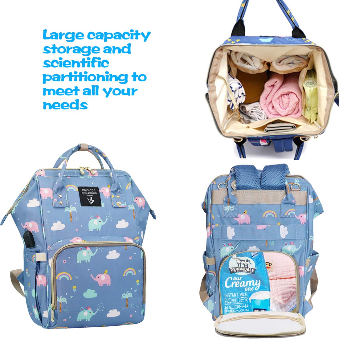 EssFeeni Elephant Baby Diaper Bag Backpack Waterproof Insulated USB Large Boy Diaper Bag Backpack for Mom (Elephant)
