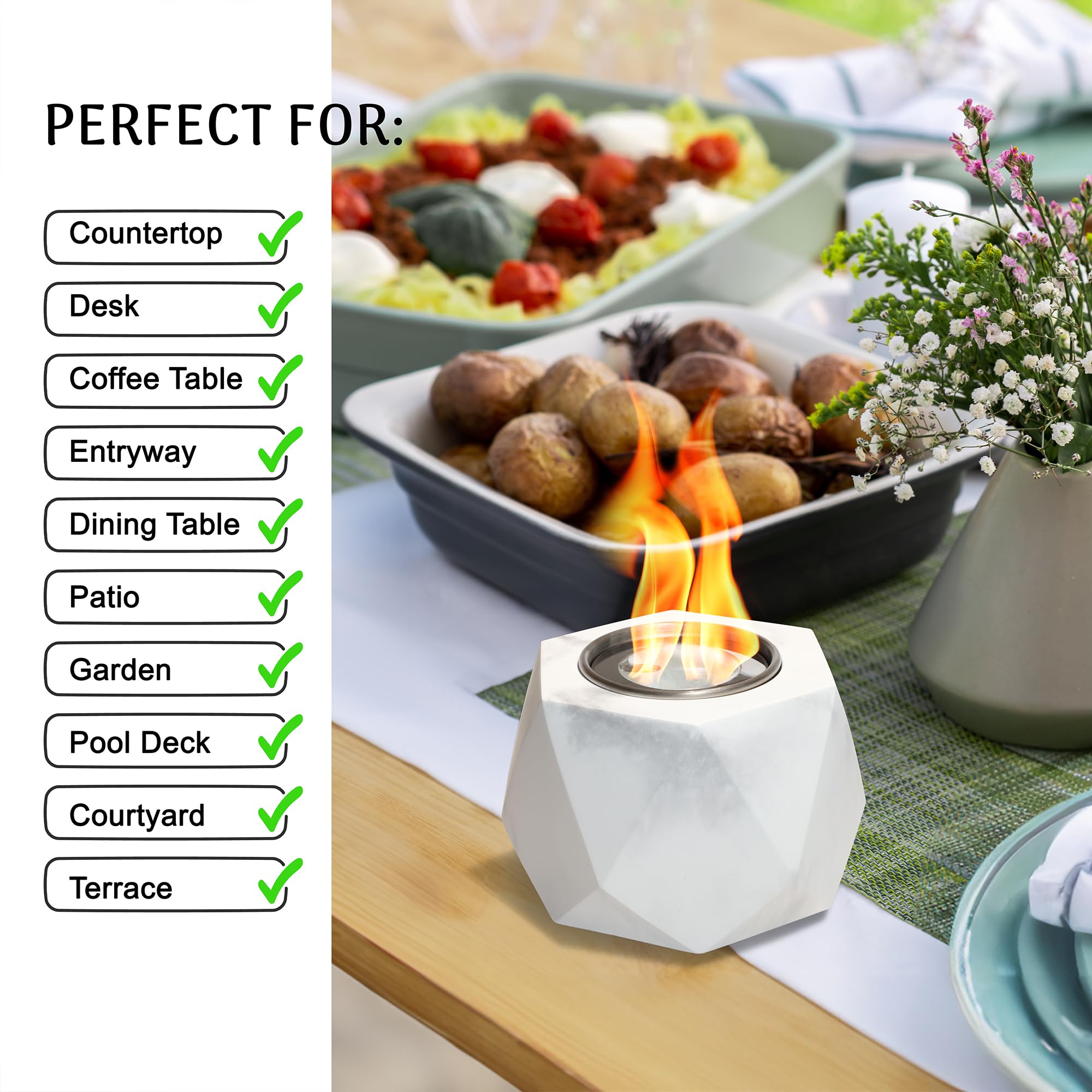 Hexagonal Concrete Tabletop Fire Pit - Indoor/Outdoor Smokeless Fire Pit with 2 Stainless Steel Chambers Burns Rubbing Alcohol, Bio Ethanol Fuels - Table Top Fire Pit Bowl/Mini Tabletop Fireplace