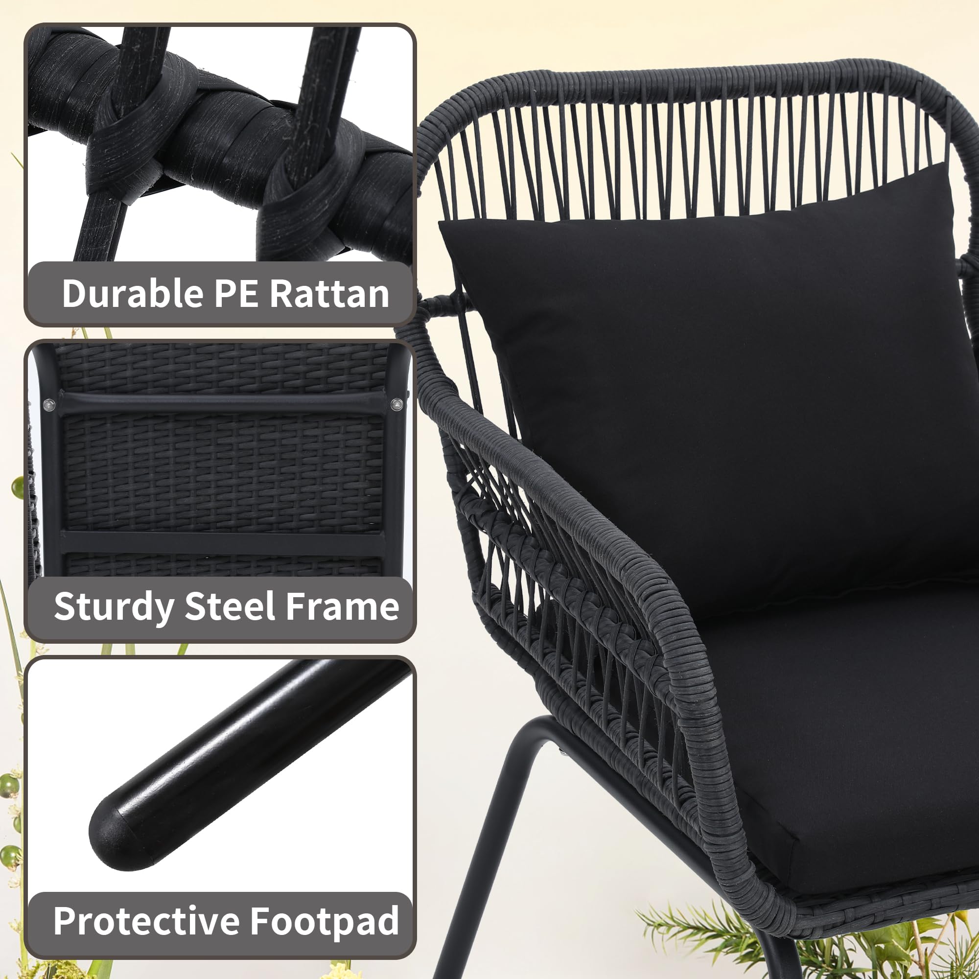 wildformers 3 Pieces Rattan Wicker Bistro Set, Outdoor Conversation Set, Wicker Furniture Set with Glass Top Table, Space Saving for Balcony, Backyard, Black