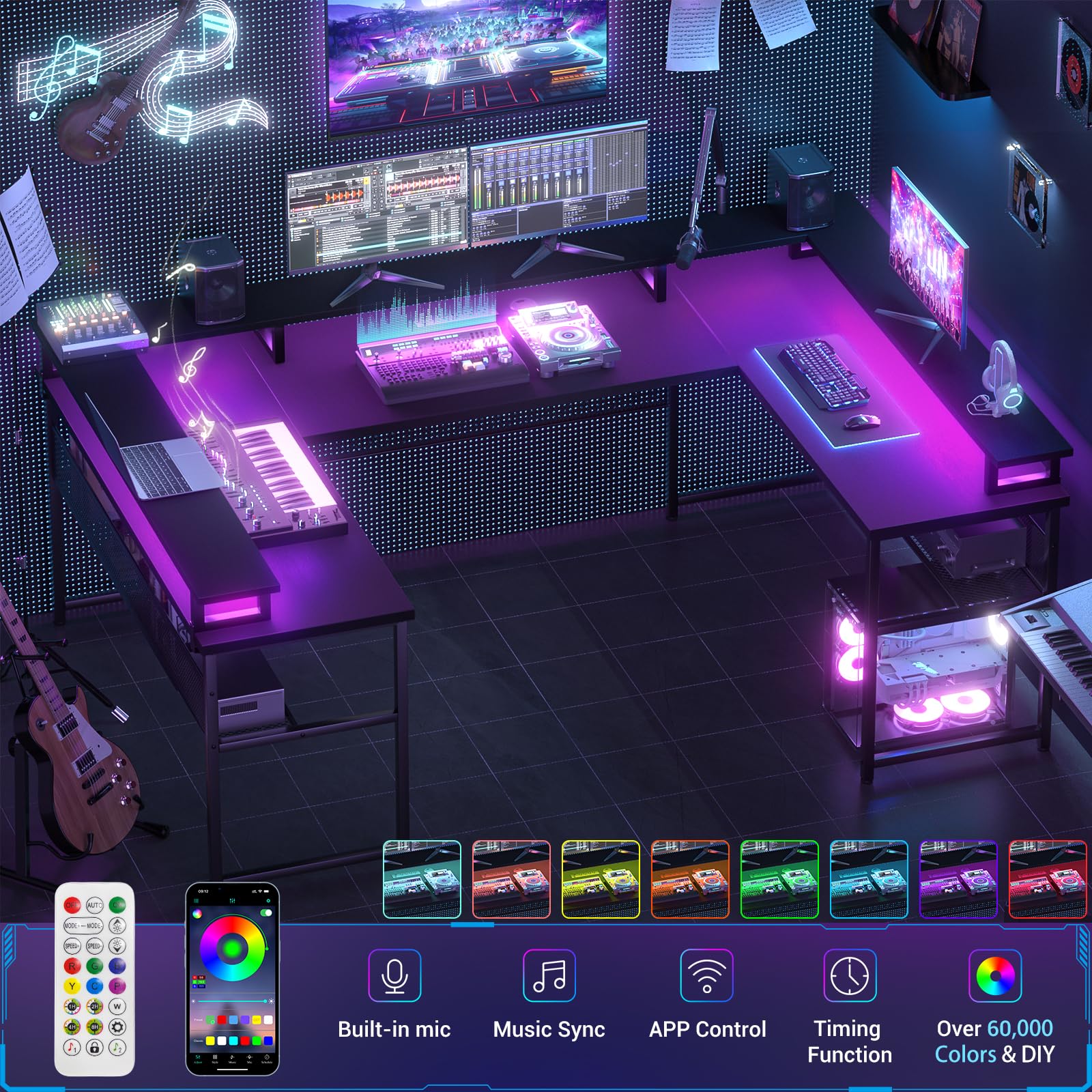 Unikito U Shaped Computer Desks, Reversible Office Desk with LED Strip and Power Outlets, L Shaped Table with Full Monitor Stand and Storage Shelves, 83 Inch Large U- Shape Gaming Desk, Black
