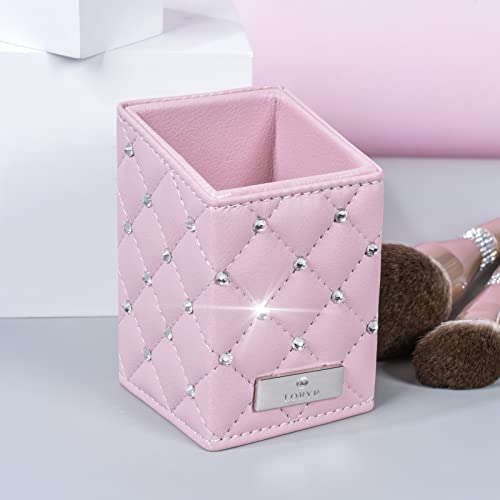 LORYP Makeup Brush Holder Crystal Brushes Cup Pink PU Make up Brush Case Bag Storage for Women