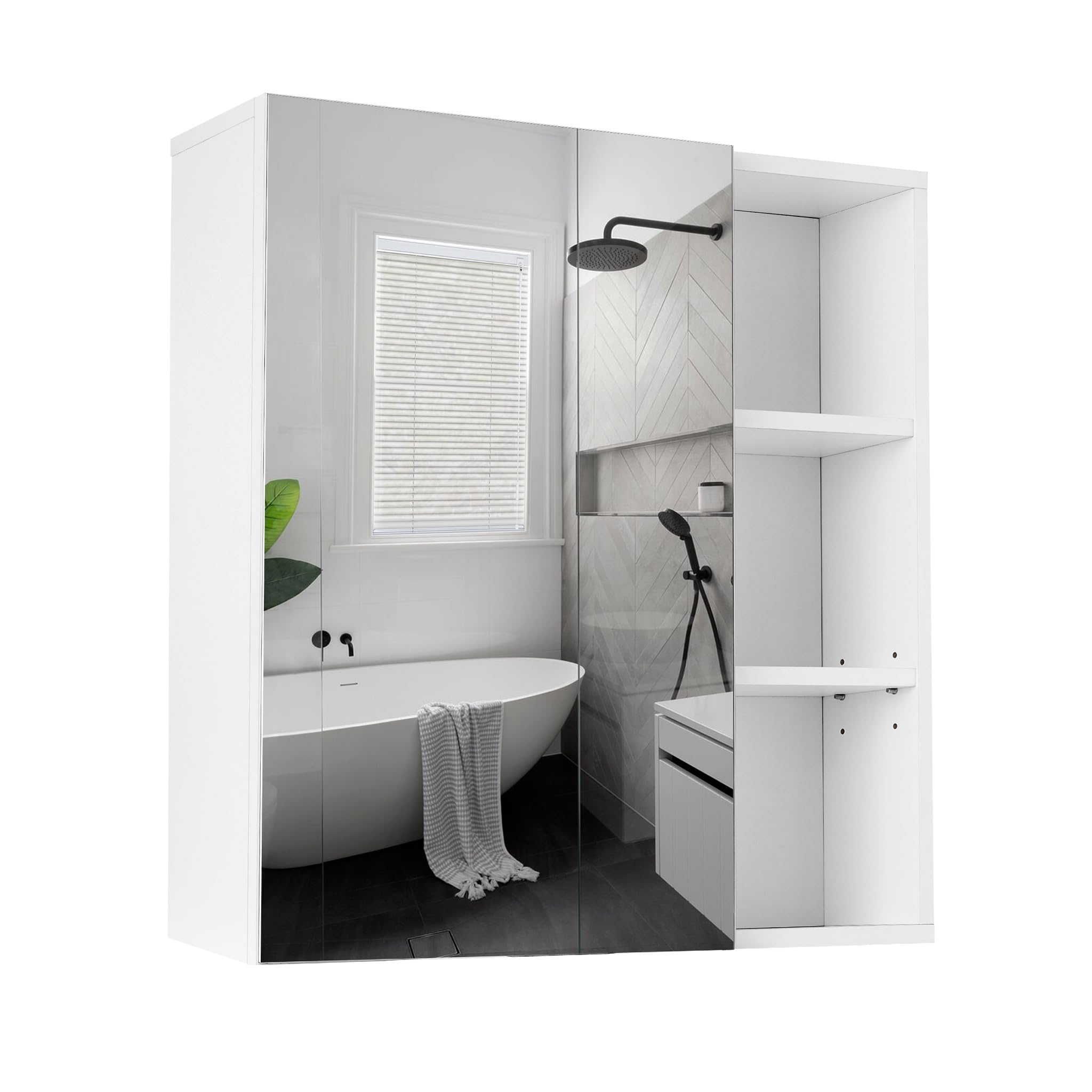Mondeer Bathroom Wall Mirror Cabinet with Adjustable Shelf, 25.5" x 6" Vanity Wall Mirror with Stainless Steel Toothbrush Hooks and Razor Hooks White (White with a Water Filter Plate)