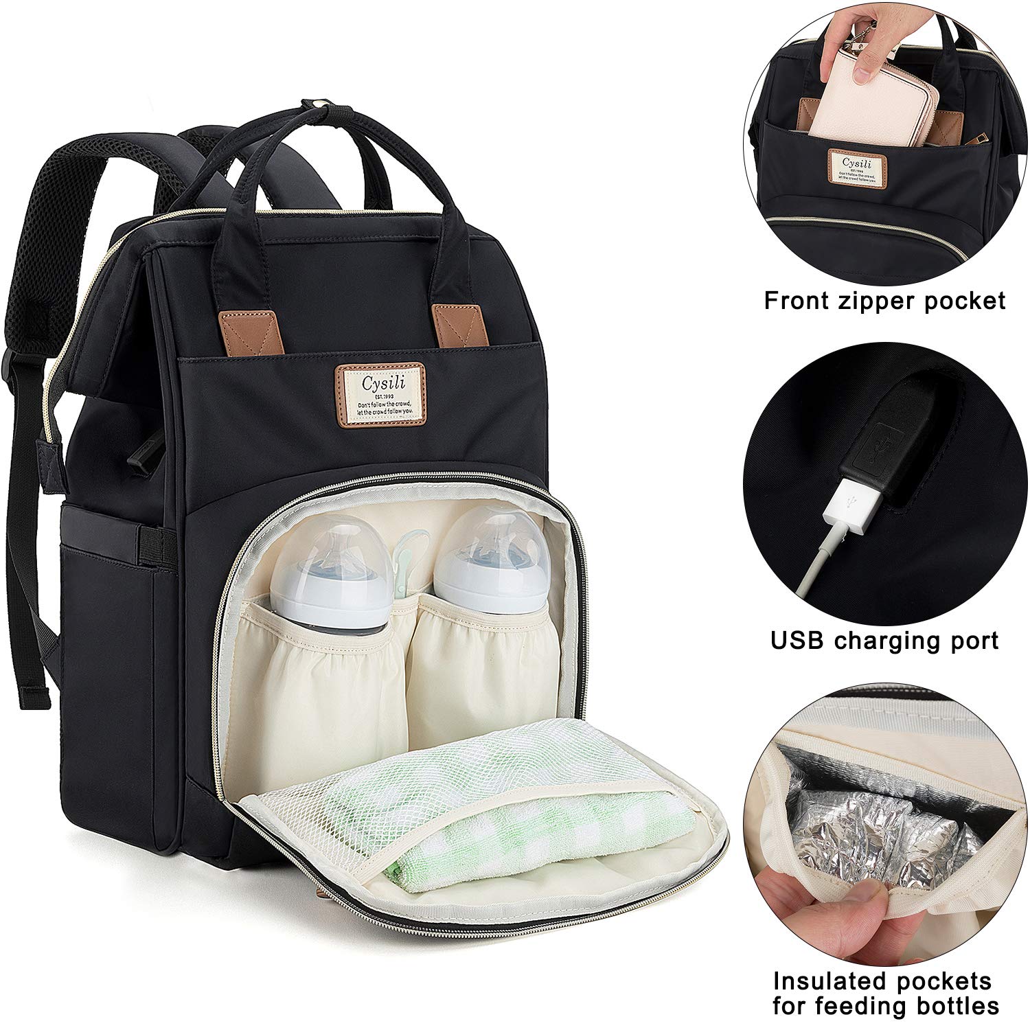 FANCYOUT Diaper Bag Backpack with USB Charging Port and Stroller Straps, Maternity Nappy Bag with Insulated Feeding Bottle Pocket (Black)