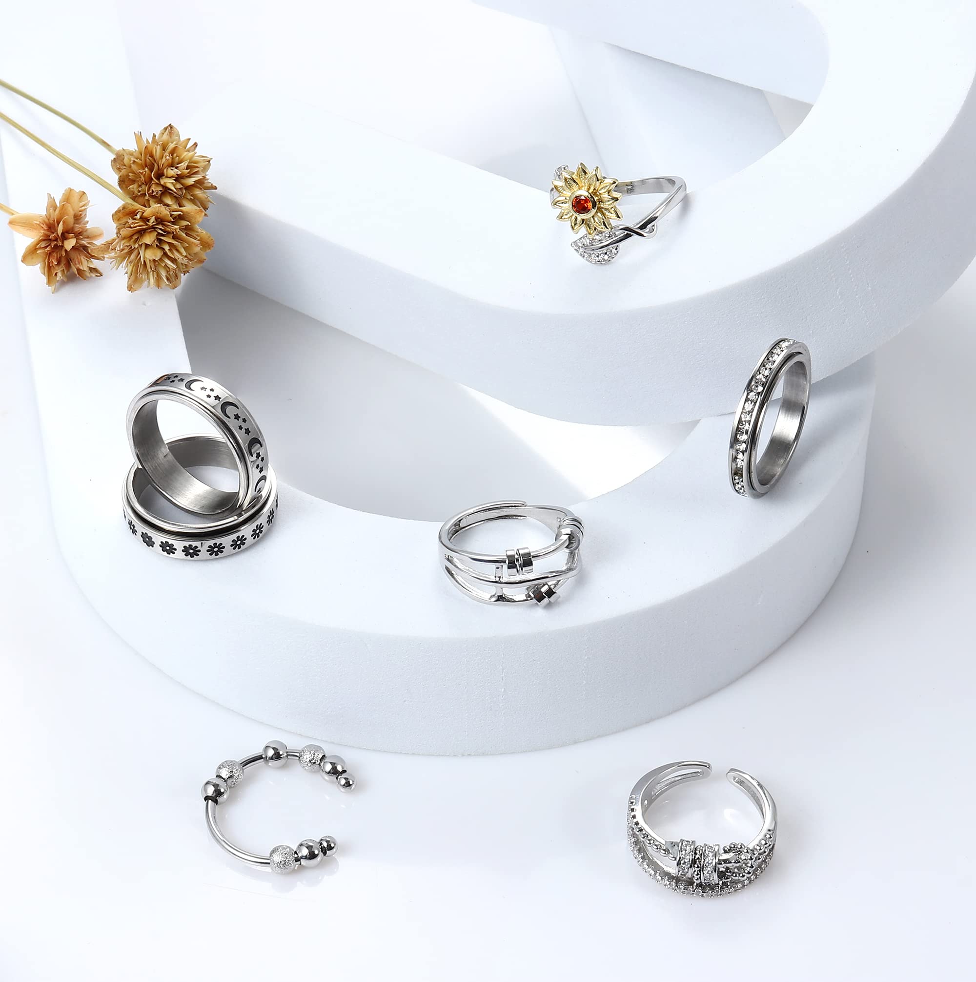 IRONBOX 11Pcs Anxiety Rings Fidget Rings Stainless Steel Spinner Ring Sunflower Ring Fidget Rings for Anxiety for Women