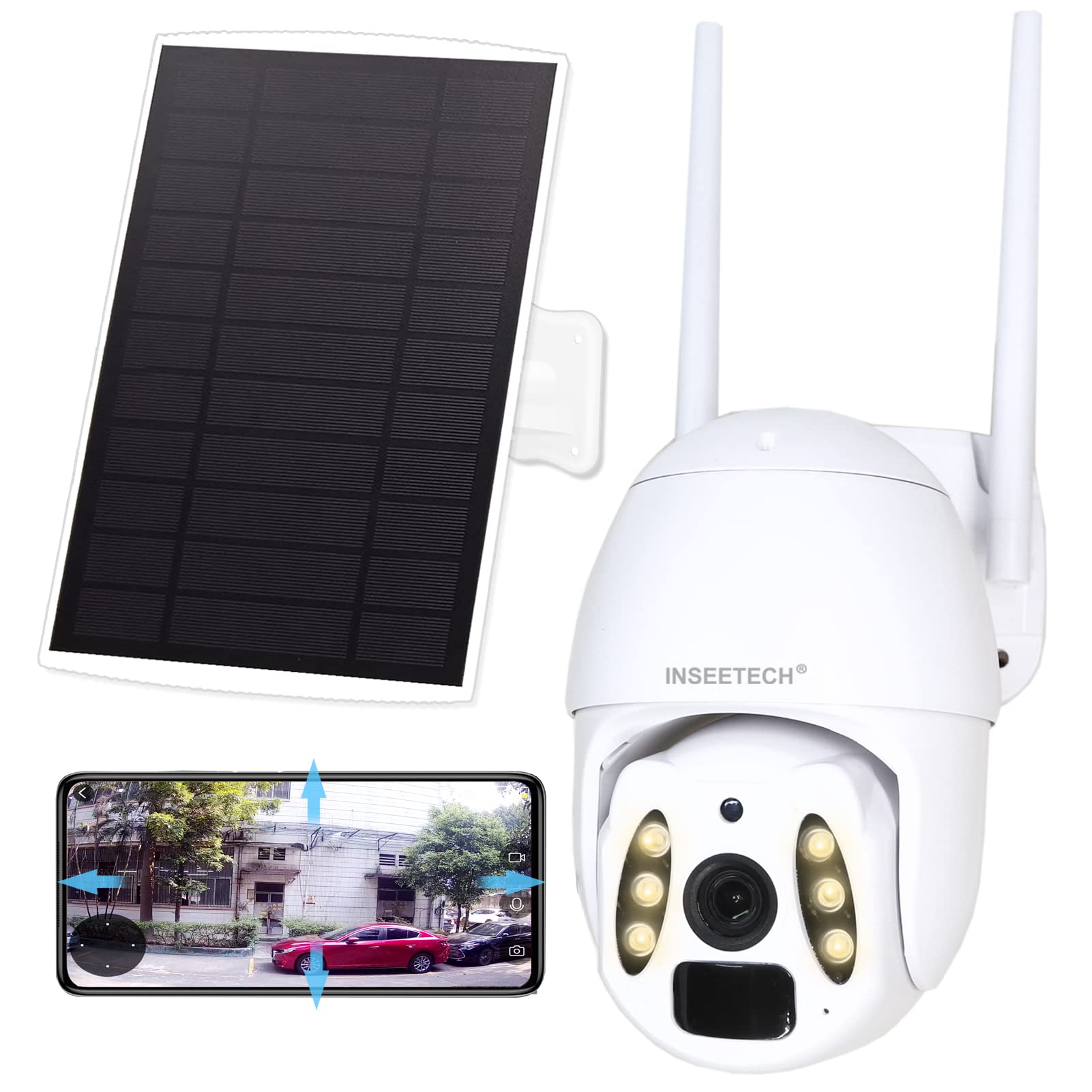INSEETECH Solar Security Camera Wireless Outdoor, Tuya Pan Tilt Solar Powered WiFi Camera for Home Security, 2MP 98FT Night Vision, Motion Detection, Waterproof IP66 2 Way Audio, Two Installation