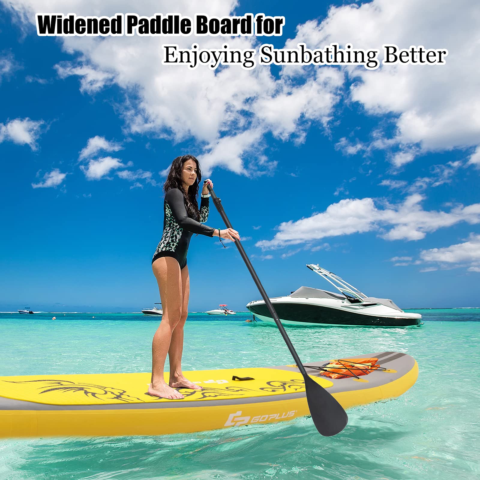 Goplus 10/ 11FT Inflatable Stand up Paddle Board Latest Inkjet Process Anti-Fading 6.5” Thick SUP with 3 Fins, Non-Slip Deck, Adjustable Paddle, Hand Pump, Carry Bag, Leash (Yellow, 11FT)