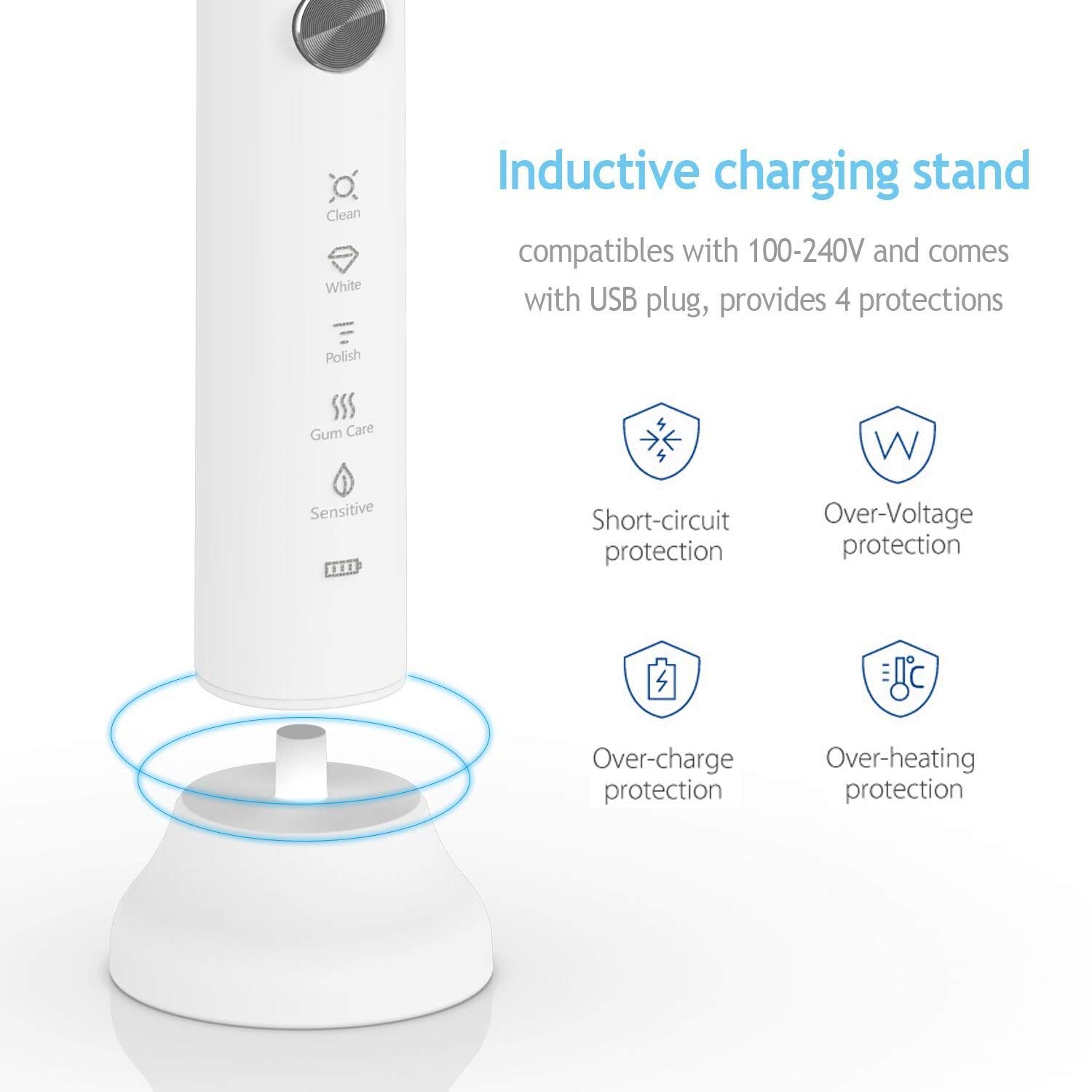 Lächen Sonic Toothbrush 5 Modes 4 Brush Heads Power Electric Toothbrush Travel Rechargeable Portable USB Inductive Charging IPX7 Waterproof