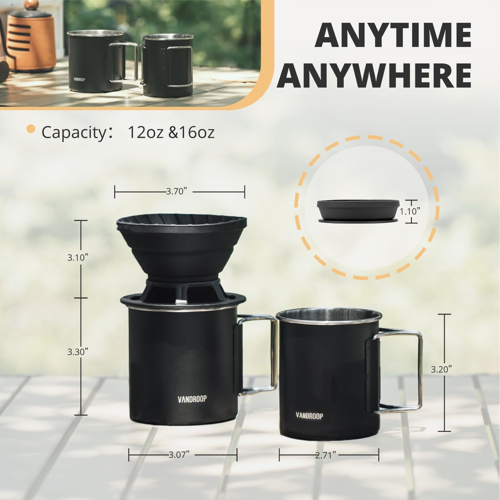 Vandroop Portable Pour Over Coffee Maker Set, Collapsible Silicone Coffee Dripper Set, Perfect for Travel, Camping, Home (BLACK CUP 2CUP)