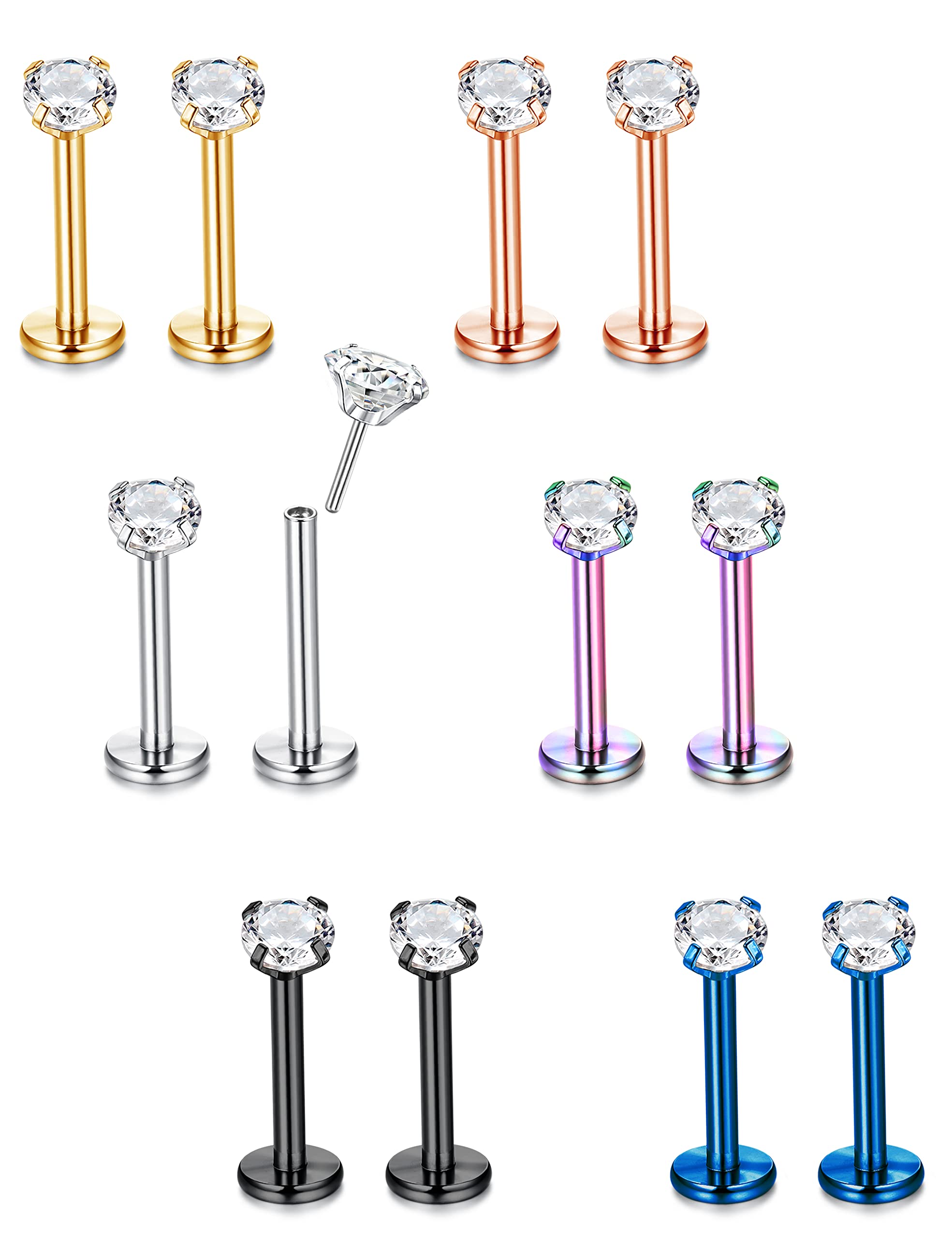 IRONBOX 16G Threadless Push in Nose Rings Studs Surgical Steel Pushin Nose Stud Bone Nose Rings Piercings Nostril Piercing Jewelry for Women Men 6MM