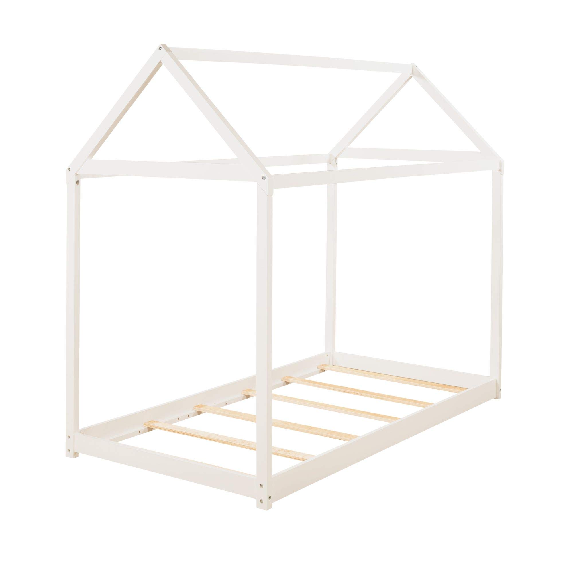 Twin Size House Bed, Wooden Daybed, Floor Bed for Toddlers, Teens, Girls, Boys, Kids House Bed Frame Can Be Decorated (White)