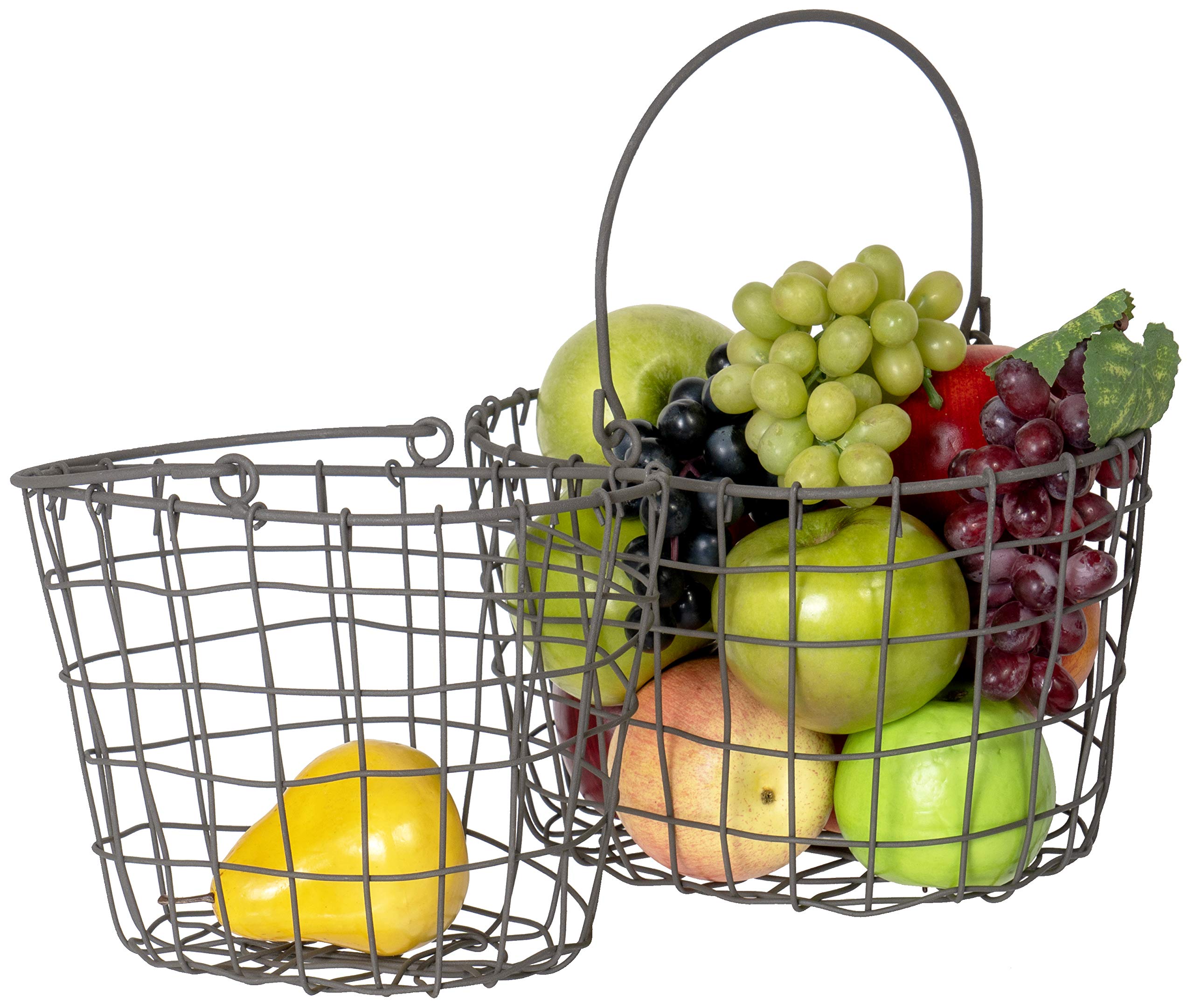 Red Co. All-Purpose Country Rustic Small Basket Display Bin, Gray Iron Metal Wire with Wooden Handle, Set of 2- Large- 10 Inches and Small- 8.75 Inches