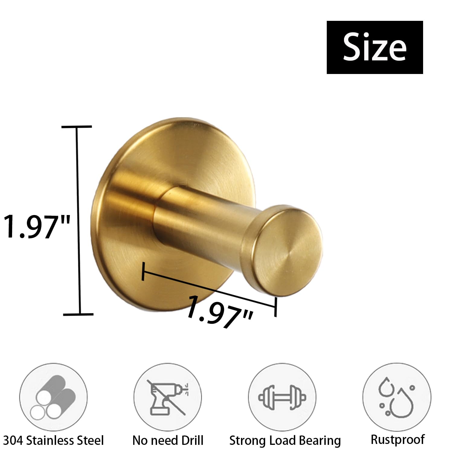 Vanloory Bath Towel Hooks, 6 Pack Self Adhesive Coat Hooks, Sturdy No Drilling Robe Hook, SUS 304 Stainless Steel Heavy Duty Clothes Hanger, Wall Hooks for Bathroom Bedroom Kitchen (2 in, Gold)