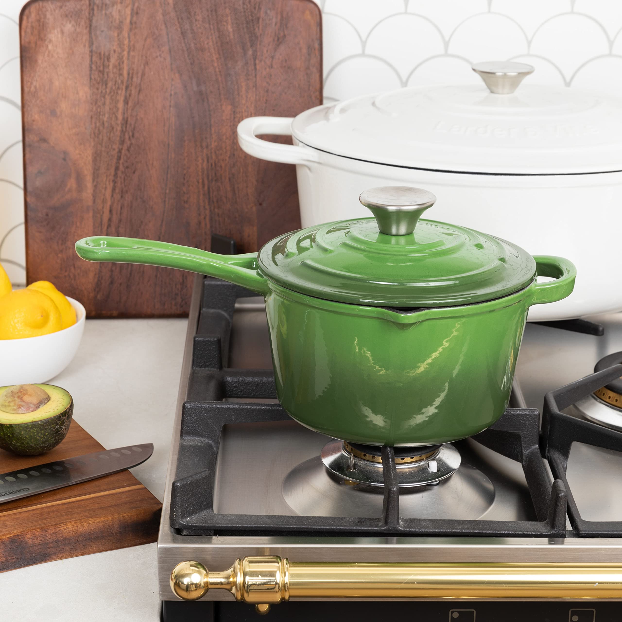 Larder & Vine 2.2 Quart Enameled Cast Iron Saucepan with Lid, Cast Iron Pan with Pour Spouts, Ergonomic Handle, Helper Handle, Stainless Steel Knob, Self-Basting Lid with Drip Bumps (Okra)