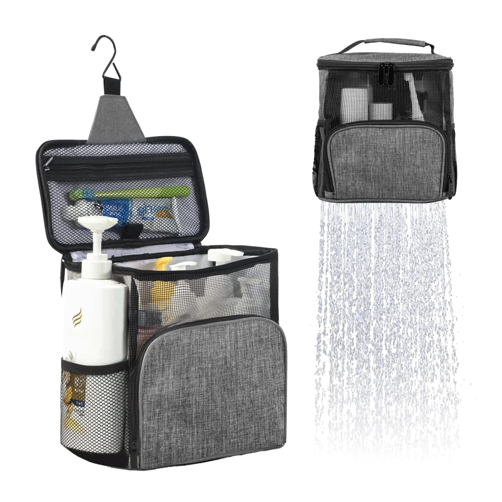 Portable Shower Caddy for Dorm & Gym & Travel - Extra Large Capacity&Drain Mesh, Quick Dry and Water Resistant with Metal Hook - Essential College Dorm for Men & Women(Grey)