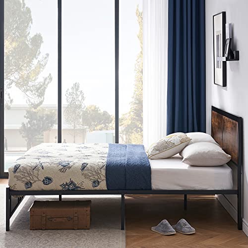 VECELO Full Platform Bed Frame with Rustic Vintage Wood Headboard, Mattress Foundation, Strong Metal Slats Support, No Box Spring Needed