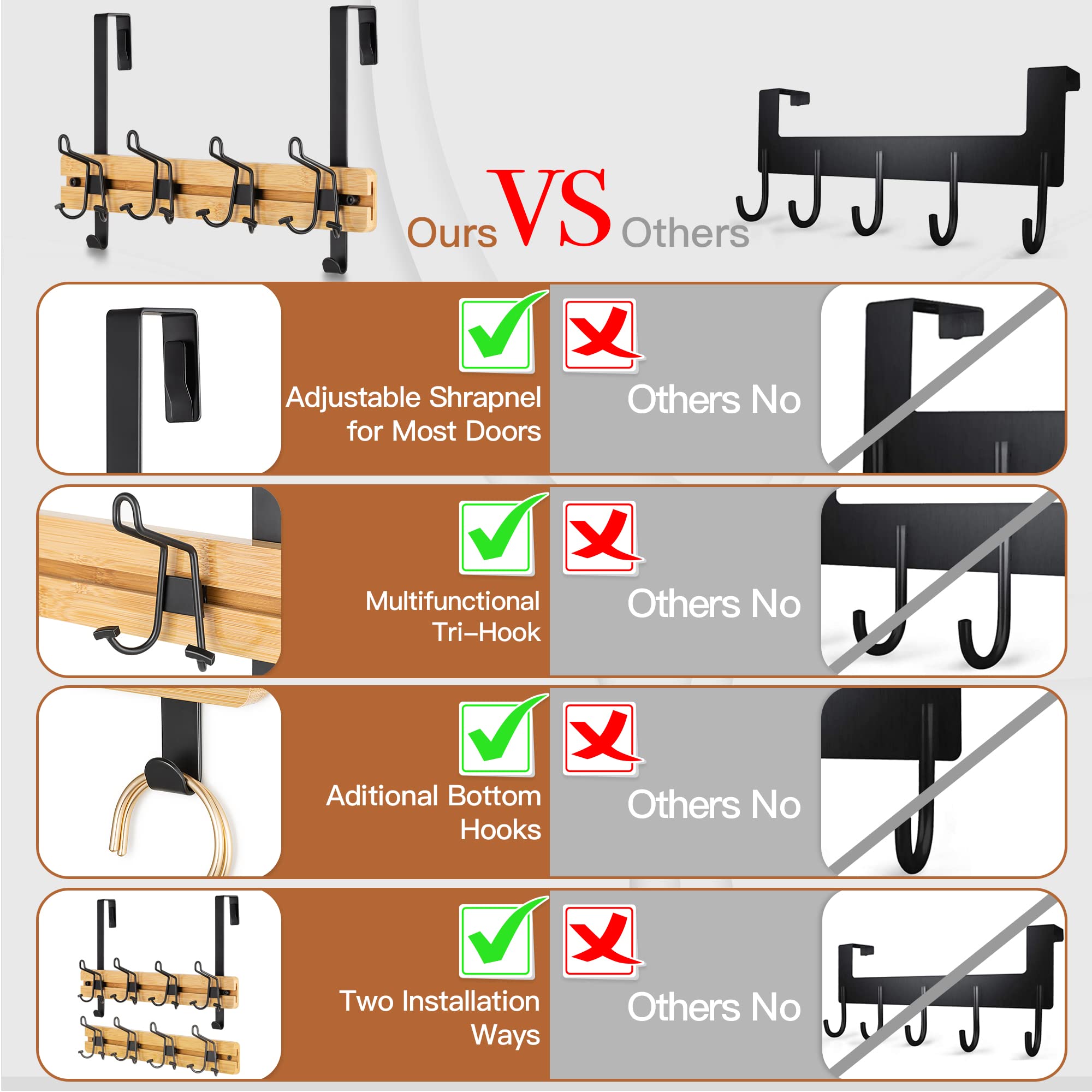 ETECHMART Bamboo Hanger with 4 Adjustable Tri Hooks for Hanging Clothes Hat Bag, Behind/Over The Door Towel Rack for Bathroom, Heavy Duty Wall Mounted Coat Rack, No Drilling, Walnut