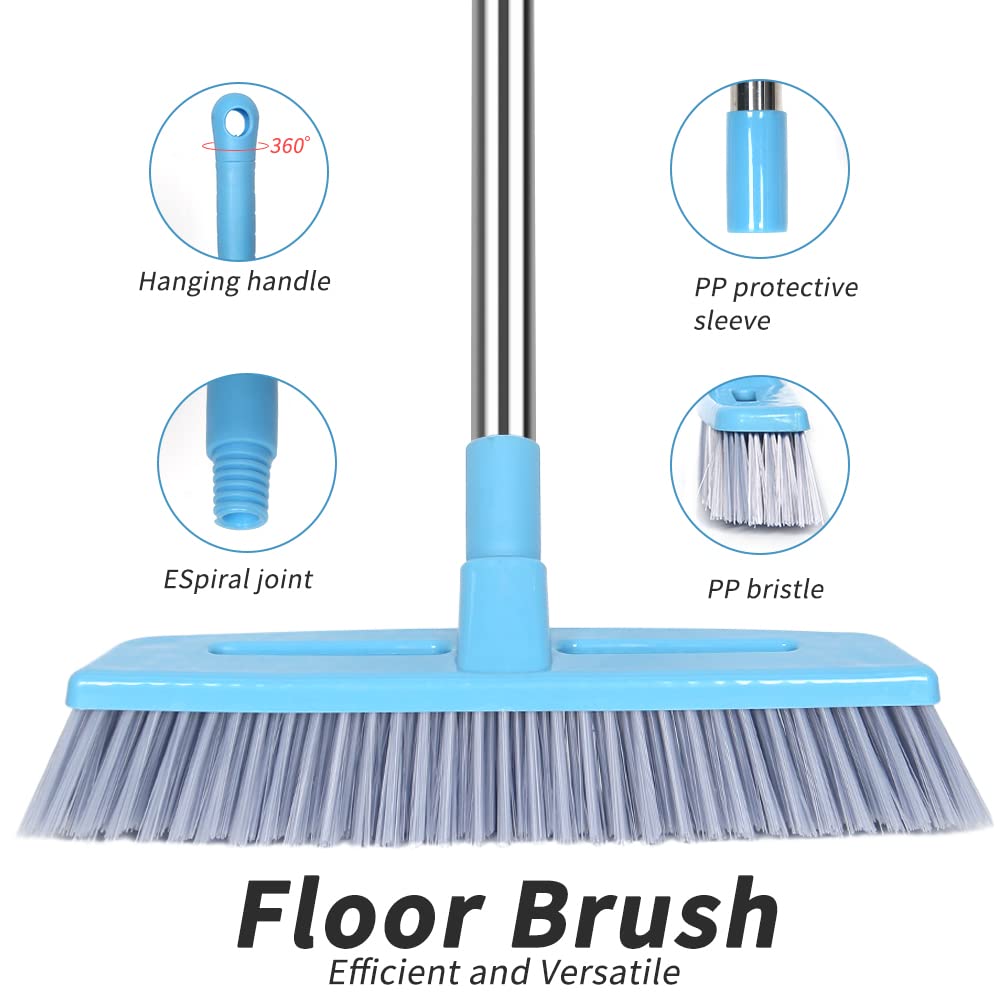 Floor Scrub Brush Push Broom with Adjustable Long Handle - 51 inches, Stiff Bristles, Indoor Outdoor Broom for Cleaning Bathroom Kitchen Patio Tile Wall Grout Wood Floor Carpet