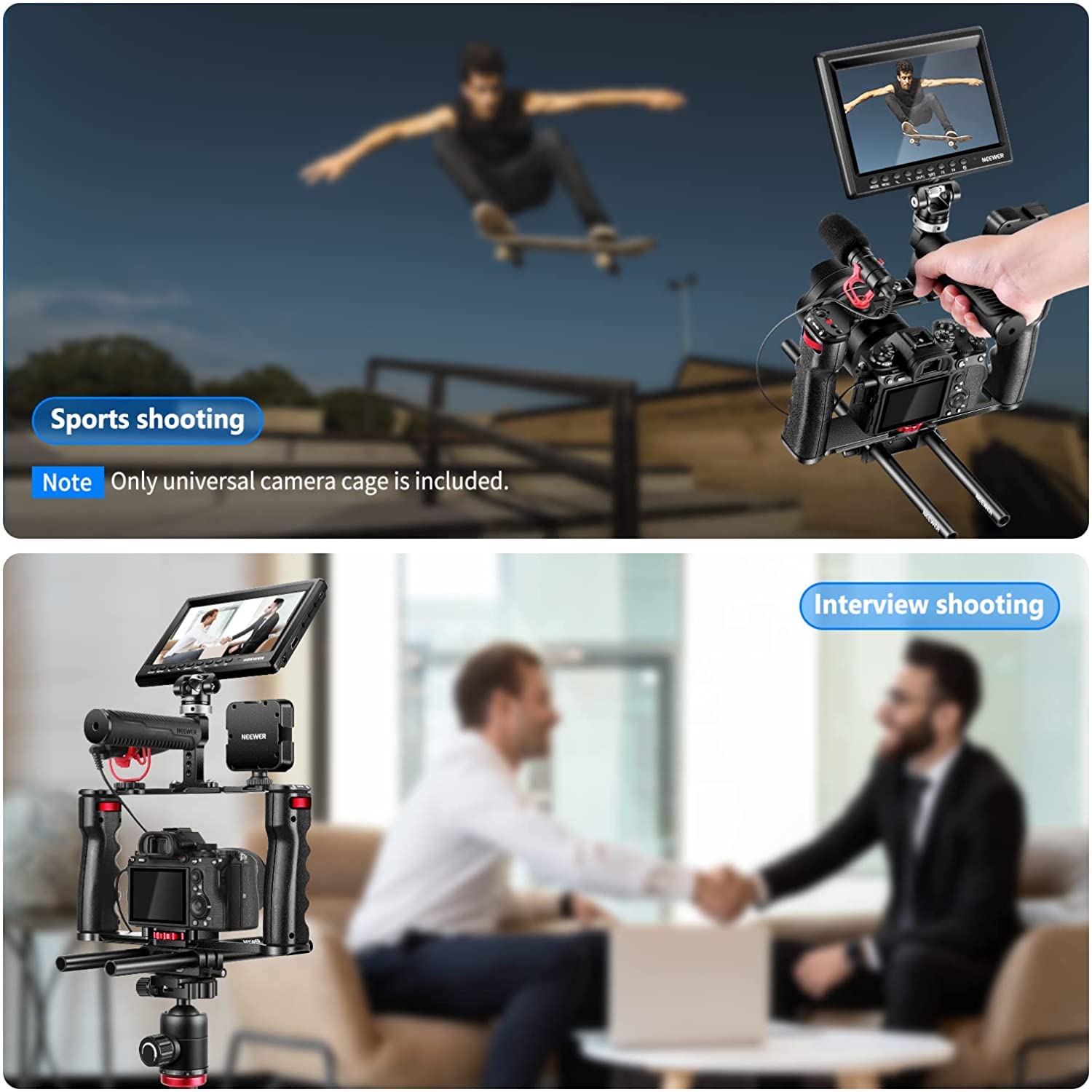 NEEWER Aluminum Alloy Camera Cage, Filmmaking Rig with Top Handle, Dual Grips, Standard Arca Type Base, Compatible with Sony A7S III A7IV A6600 Canon EOS R5C R5 R6 DSLR/Mirrorless Cameras - VS107