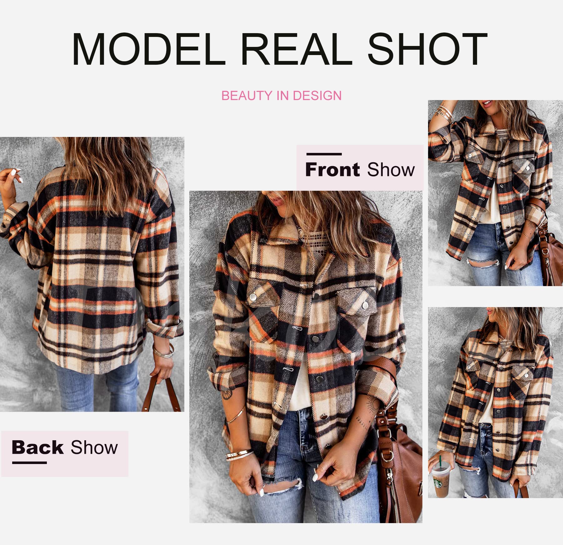 Dokotoo Women's Classic Plaid Button-Up Flannel Shirt - Long Sleeve, Soft, Loose, Office Jacket - Orange, L