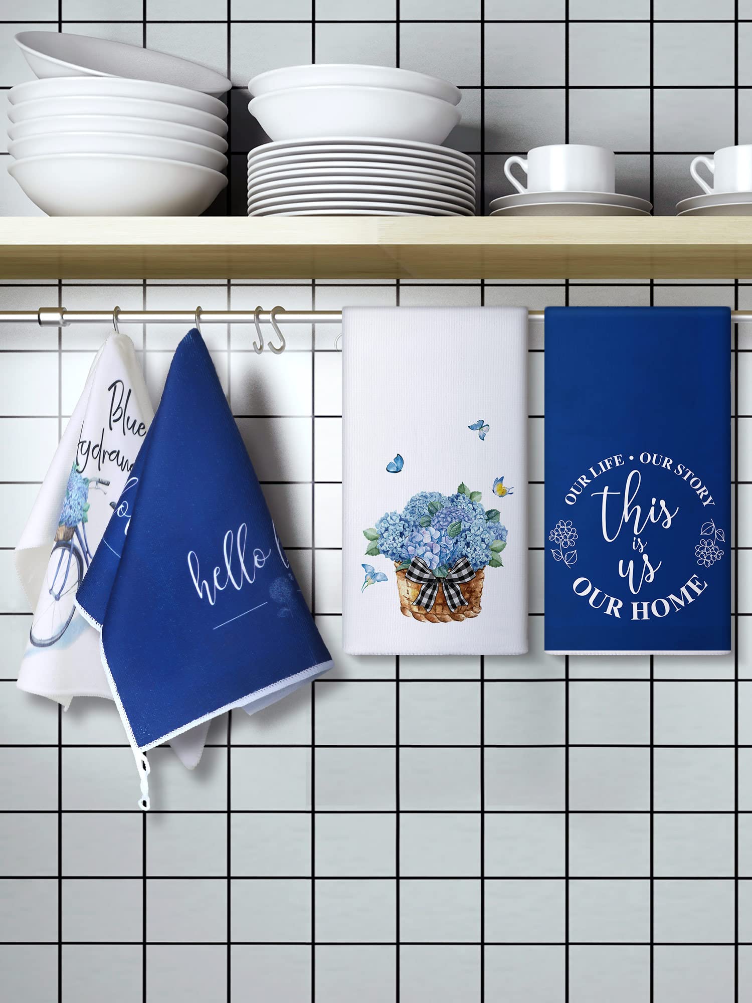 Geyoga 6 Pcs Kitchen Towels Blue Hydrangea Hand Towels Butterfly Kitchen Dish Towels Microfiber Drying Towels for Kitchen Bathroom Party Wedding Home Decorations (15.7 x 23.6 Inch)