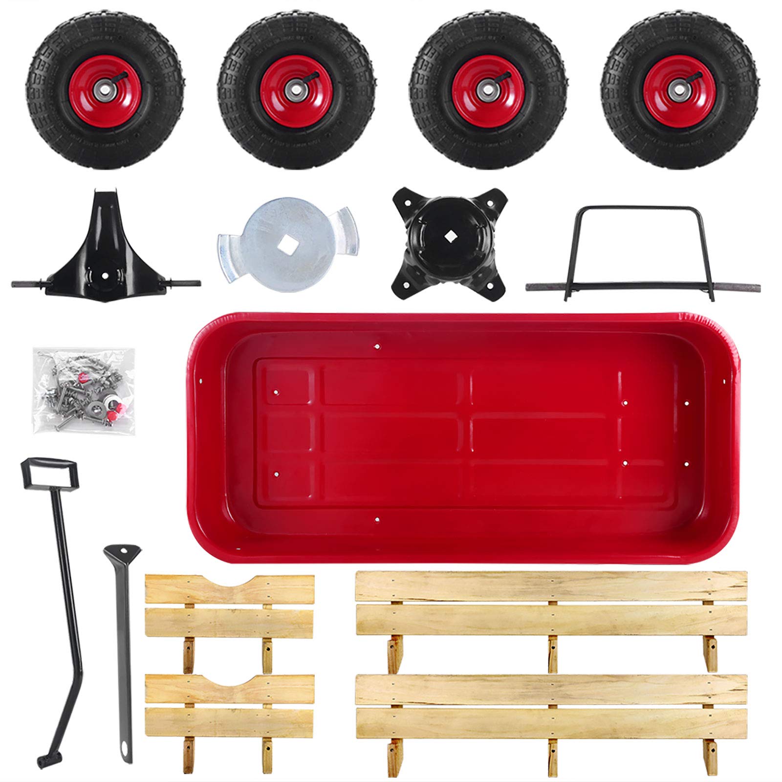 fansmart 39" Pull -Along Wagon for Kids with Pulling Wood Railing Panels Outdoor Wagon 10" All Terrain Air Tires 330 lbs Capacity for Beach, Garden, Sporting Events, Park(Red)