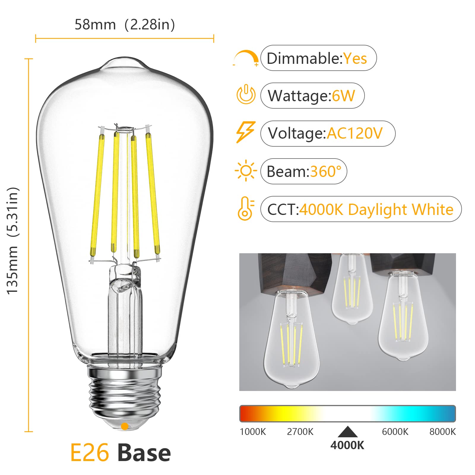 VOOSEI Daylight Bulbs 4000K LED E26 60W Dimmable, 6W Equivalent to 60W Edison High Brightness ST58 Antique Filament Bulbs Clear Glass Pack of 6