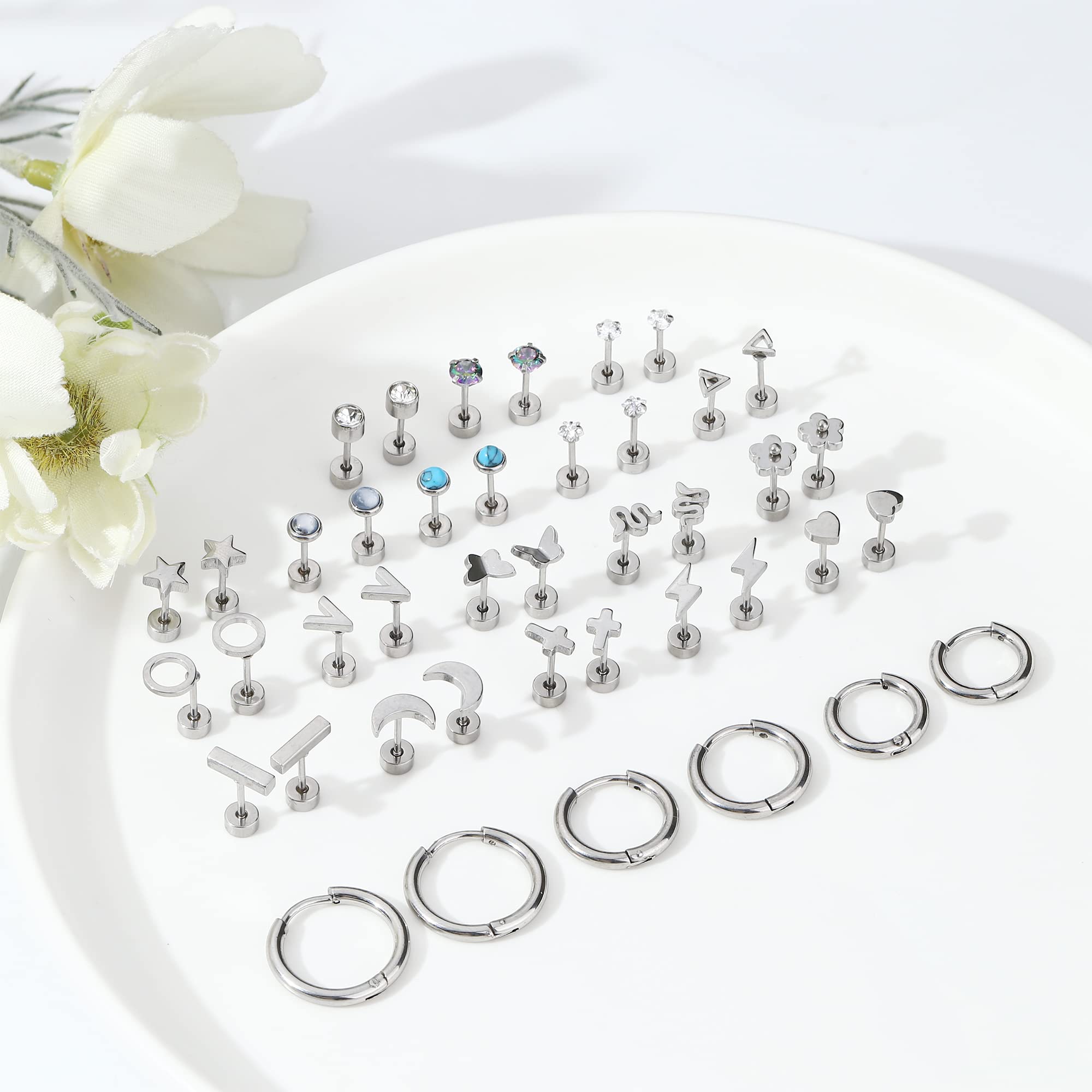 FIBO STEEL 21Pairs Flat Back Earrings for Women 20G Tiny Cartilage Earrings Stud Earrings Heart Butterfly CZ Tragus Daith Helix Ear Piercing Screw Back Earrings Pack Silver Tone